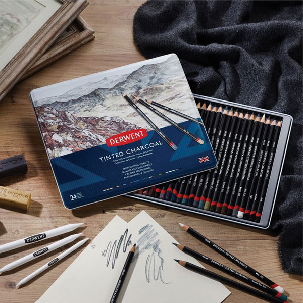 Derwent Tinted Charcoal - 24 tin set - Artsavingsclub